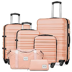 LONG VACATION Luggage Set 4 Piece Luggage Set ABS hardshell TSA Lock Spinner Wheels Luggage Carry on Suitcase (PINK, 6 piece set)