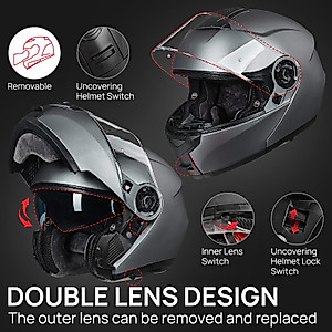 ILM Adult Motorcycle Modular Full Face Helmet Flip up Dual Visor DOT Approved Model 159(Gray,X-Large)