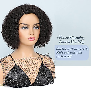 HUA Human Hair Wigs for Black Women Bob Wear and Go Glueless Wig 10 Inch Short Curly Bob Wig Human Hair Glueless Wigs Human Hair Kinky Curly Wig for Black Women I Part Lace Wig Natural Black Color