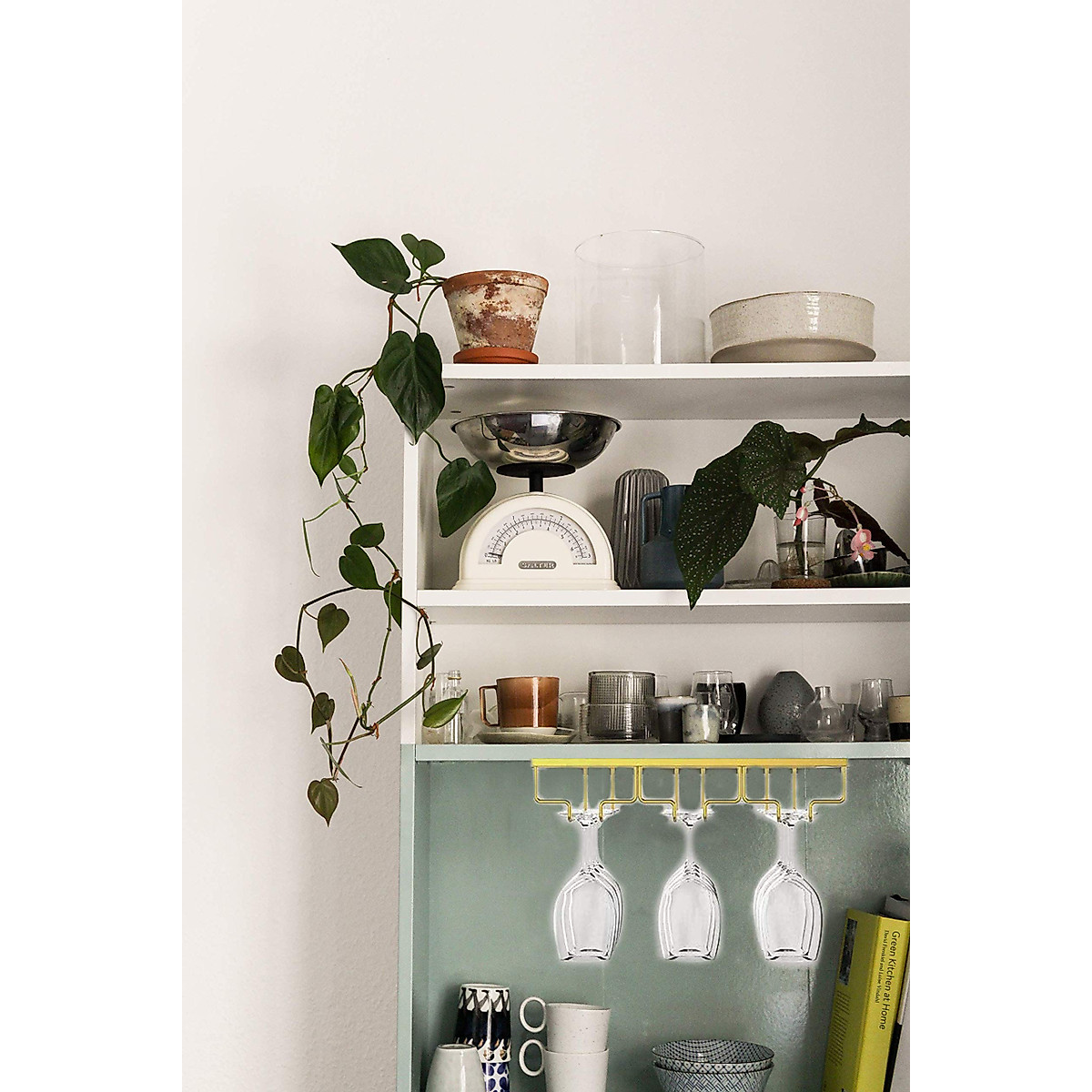 MATILODI Wine Glass Rack - Under Cabinet Stemware Wine Glass Holder - Wine Glasses Storage Hanger Metal Organizer for Cabinet Kitchen Bar (Gold, 3 Rows 1 Pack)