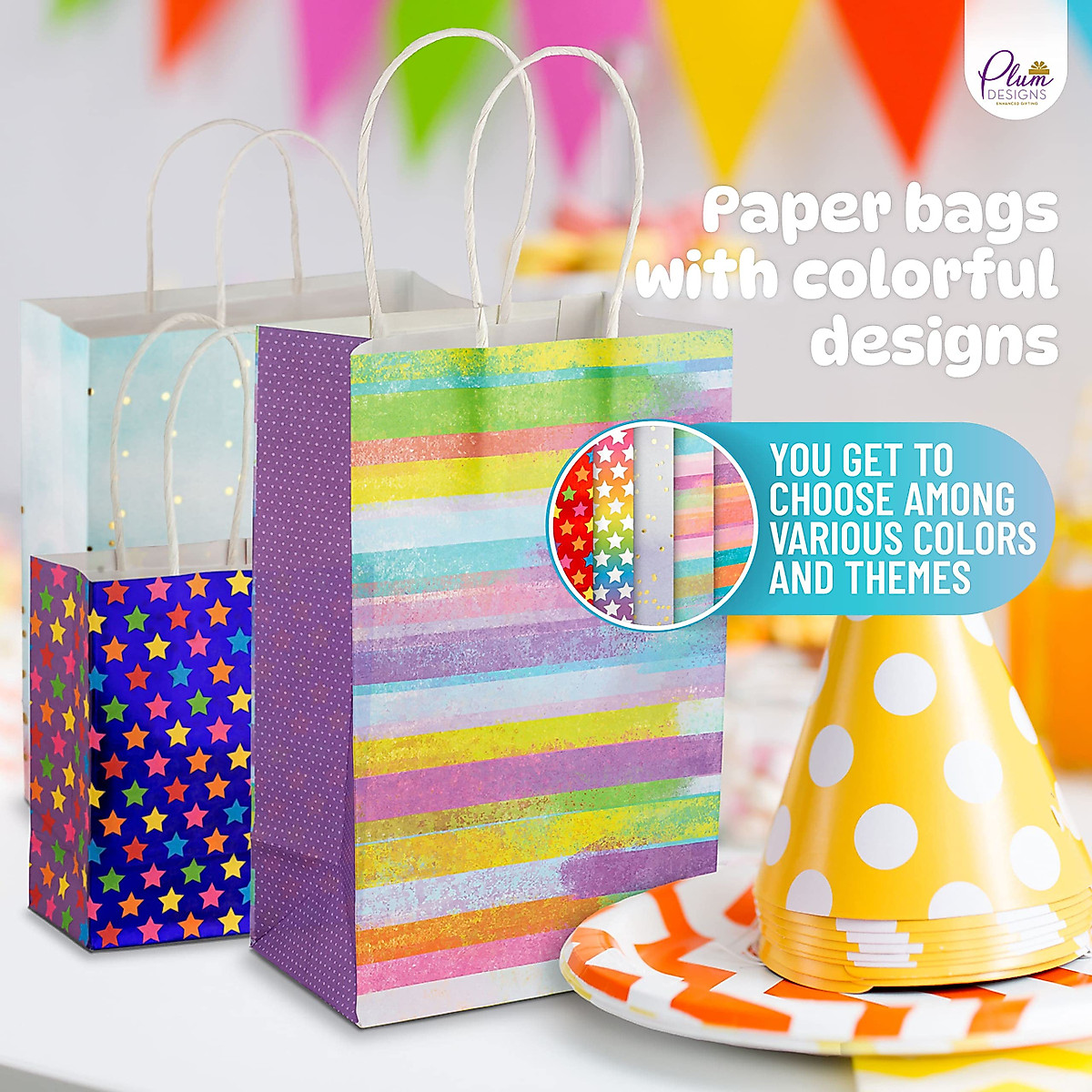 Plum Designs Gift Bags Assorted Sizes, Set of 8 Gift Bags with Tissue Paper- Includes Small Gift Bags, Medium Gift Bags and Large Size Paper Gift Bags with Handles for Holiday and Birthday Gifts