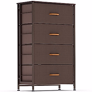 DHMAKER Fabric Dresser for Bedroom, Vertical Dresser Storage Tower, Steel Frame, Wood Top, Easy Pull Textured Fabric Bins, Organizer Unit for Bedroom, Hallway, Entryway, Closets, 4 Drawers, Coffee