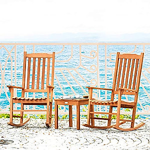 Giantex Rocking Chair 3 Piece Set Wooden W/Two Wood Conversation Chairs and Accent Table for Backyard Porch Poolside Lawn Wooden Rocker Set