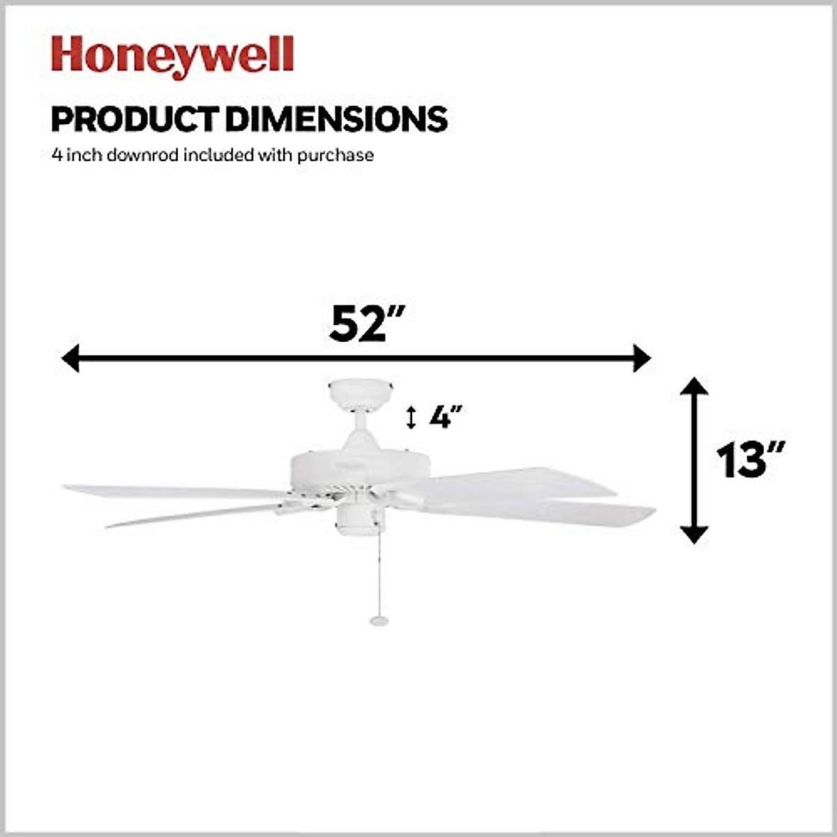 Honeywell Ceiling Fans Belmar, 52 Inch Traditional Indoor Outdoor LED Ceiling Fan with No Light, Pull Chain, Three Mounting Options, ETL Wet Rated, Reversible Motor - 50198-01 (White)