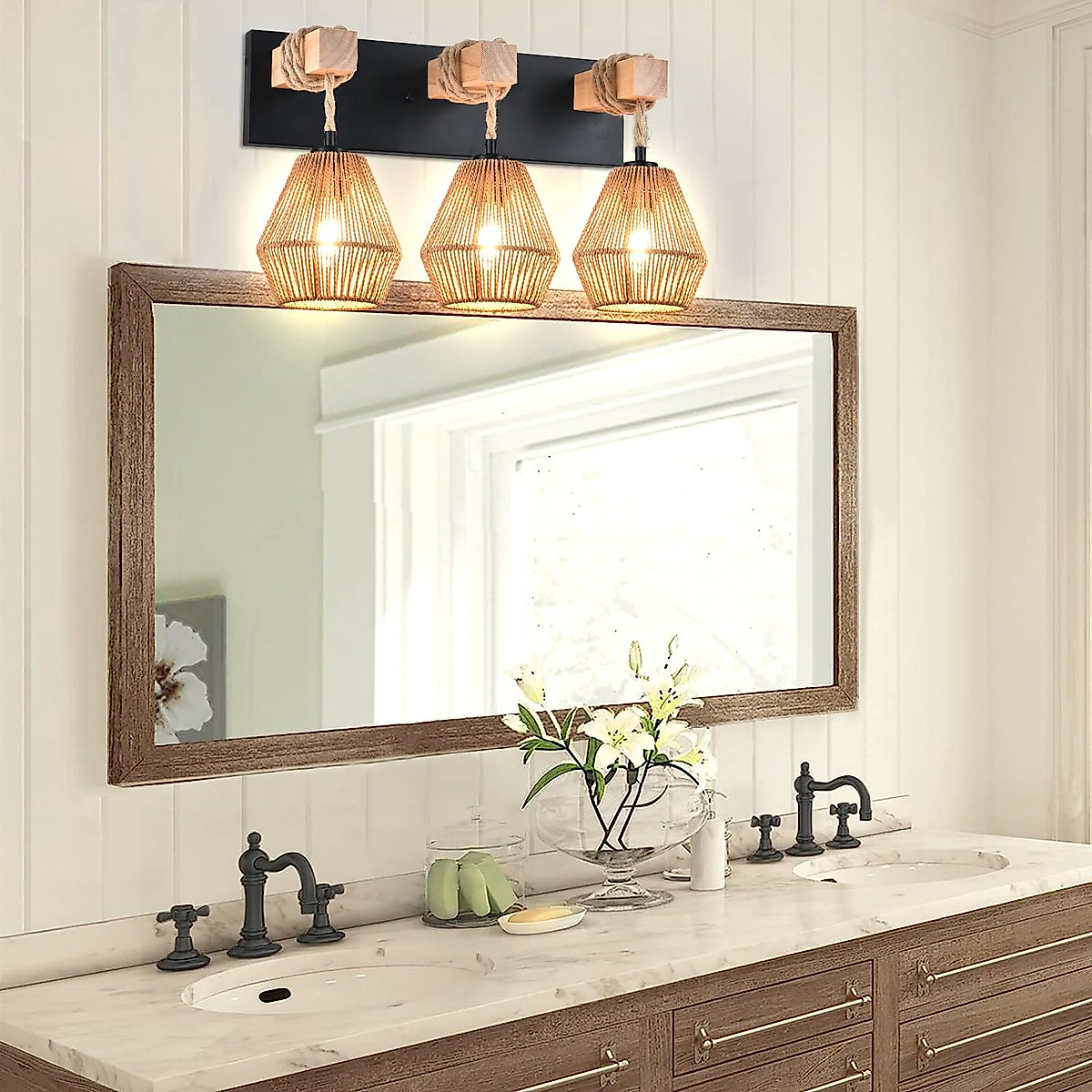 ILLMTW 3-Light Bathroom Vanity Lights Over Mirror,Farmhouse Wood Vanity Light Fixtures for Bathroom,Boho Rustic Adjustable Color with Woven Rattan Wicker Wall Sconces for Hallway Bedroom Living Room