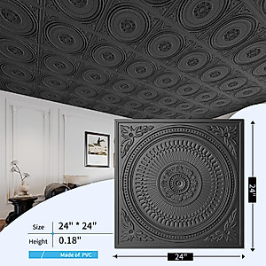 Art3d 12-Pack Drop Ceiling Tiles 2x2 FT, Decorative Easy Install PVC Ceiling Panels for Interior Kitchen Bathroom Basement, 24x24 Inch, Black