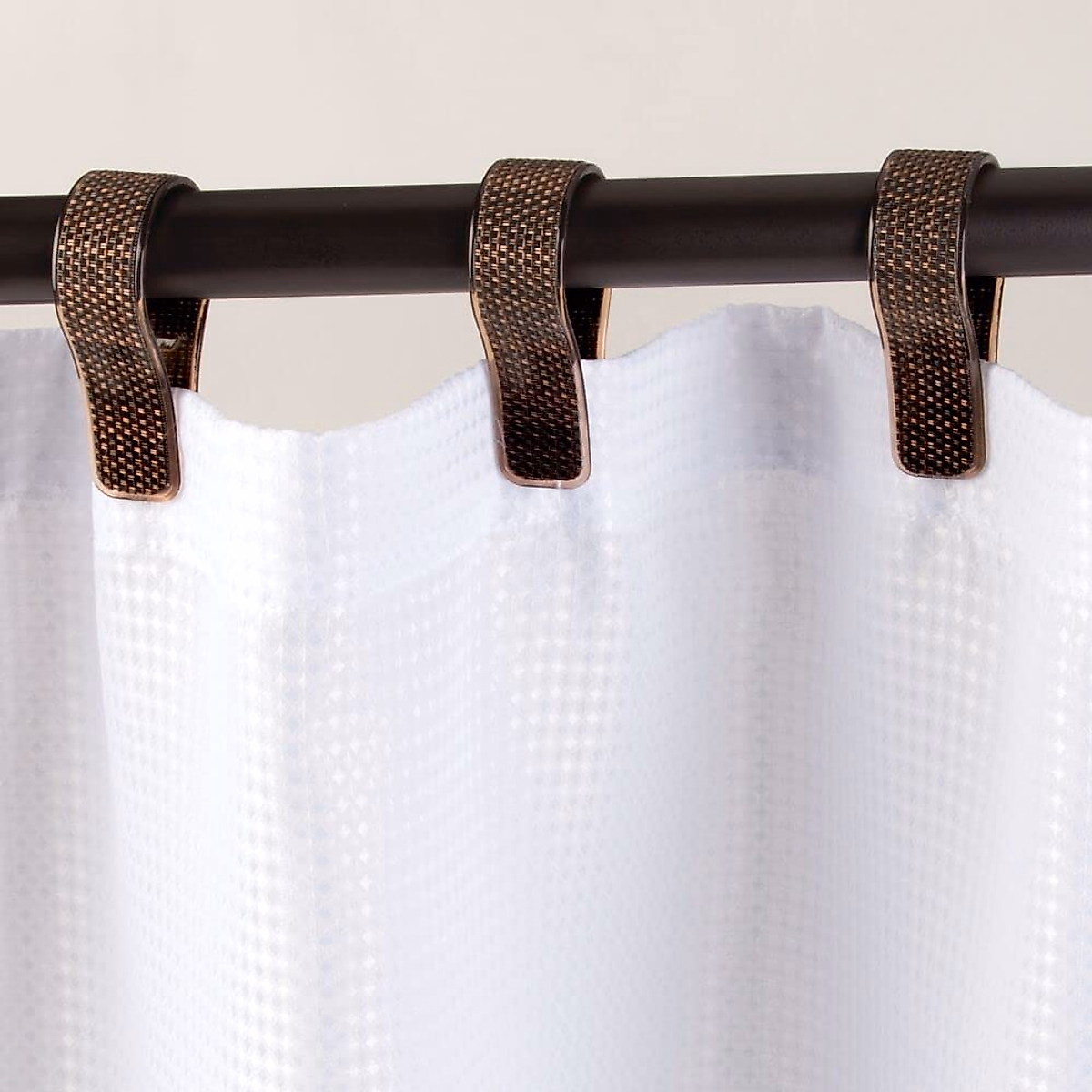 mDesign Modern Textured Plastic Bathroom Shower Curtain Liner Hook Rings, Easy Glide, Clips Over The Shower Rod, Snaps Securely - 12 Pack - Bronze/Sand Brown