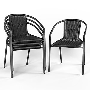Amopatio Outdoor Dining Chairs Set of 4, Wicker Patio Chairs with Metal Frame, Rattan Indoor-Outdoor Chairs for Bistro, Deck, Yard, Porch, Restaurant Stack Chair 4 Pack Black