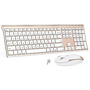 Wireless Keyboard and Mouse Combo, 2.4GHz Ultra-Slim Aluminum Rechargeable Keyboard with Whisper-Quiet Mouse for Windows, Laptop, PC, Desktop - White Gold