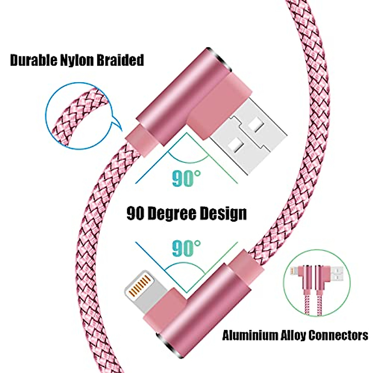 iPhone Charger 10 ft 90 Degree Lightning Cable 3 Pack MFi Certified Lightning Cable Nylon Braided Right Angle iPhone Charging Cable for iPhone 13 12 11 Pro X XS XR 8 Plus 7 6 5(Rose Gold,10 Foot)