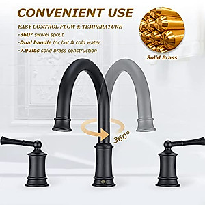 Hangoro Bathtub faucet, Deck Mount Antique Tub Faucet 2 Lever Handles, Widespread 3 Holes Brass Rough-in Tub Faucet, 360° Swivel Spout, High Flow Faucet For Bathroom, Matte Black(B2307-BK)