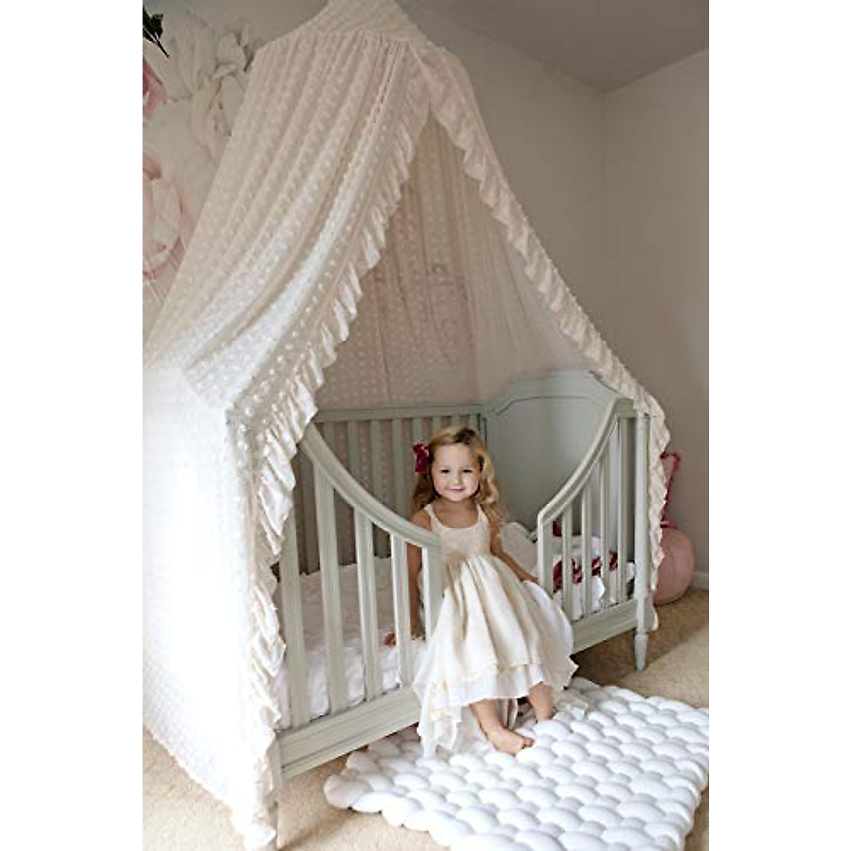 Wonder Space Elegant Kids Bed Canopy - Lace Chiffon Netting with Pom Pom, Princess Girls Fairy Dream Tent, Nursery Room Baby Crib Hanging Curtain Mosquito Net Children Reading Nook Decoration (Beige)