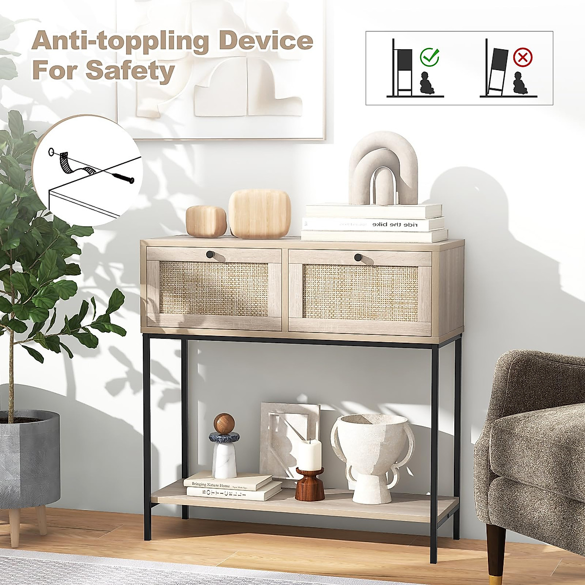 Giantex Console Table with Rattan Drawers - 31.5" Entryway Table w/ 2 Drawers & Open Storage Shelf, Metal Frame, Boho Style Long Sofa Side Table, Narrow Entry Table for Living Room Foyer Hallway