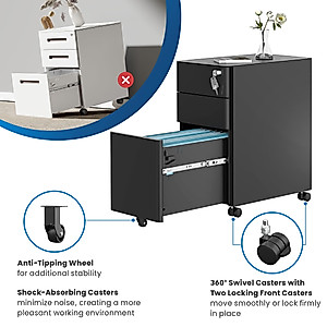 Mount-It! Slim Rolling Under Desk Cabinet, Mobile Filing Cabinet with 3 Drawers and Lock for Home & Office Storage, Black