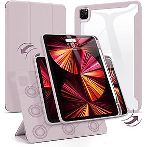 iPad Pro 11 Inch Case 2022/2021/2020(4th/3th/2rd Gen) with Pencil Holder Detachable Transparent Hard Shell Back Cover Smart Trifold Folio Auto Sleep/Wake (Light Purple/Pink)