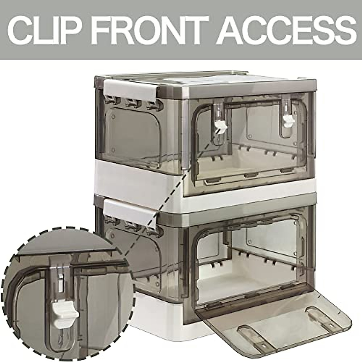 EZOWare 15 Quart Stackable Lidded Plastic Storage Bins with Front Opening and Wheels, 2 Pack Foldable Organizer Cube Box Containers with Latch Lid - White and Clear Gray