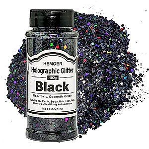 HEMOER Black Glitter 100g/3.5oz Holographic Chunky Sequins, Cosmetic Craft Glitters Set for Resin, Body, Hair, Face, Nail, Slime Festival Party Art and More