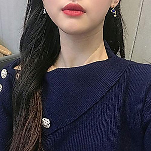 Creative Cartoon Asymmetrical Astronaut Blue Planet Stud Earrings for Women Charm Jewelry Cute Star Moon Earth Spaceman Drop Earrings (Blue)