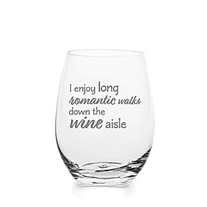 Lushy Wino – I Enjoy Long Romantic Walks Down The Wine Aisle – Cute, Novelty, Etched Stemless 18-Ounce Wine Glass with Funny Sayings in Gift Box