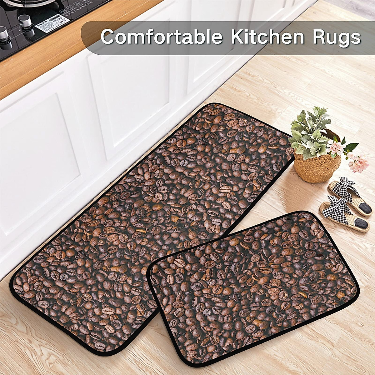 Brown Coffee Beans Kitchen Mat Set of 2 Anti-Fatigue Kitchen Rug Set Washable Memory Foam Cushioned Non Slip Kitchen Runner Rugs and Mats Comfort Standing Mat for Office Desk Sink Laundry Home Decor
