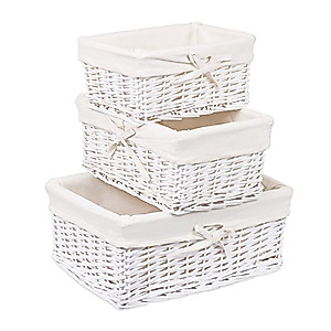 BIRDROCK HOME Woven Willow Baskets with Liner for Storage and Laundry - Set of 5 - Rectangular Hamper Bins with Lids - Decorative Wooden Wicker Basket for Organizing Blankets - Baby Organizer - White