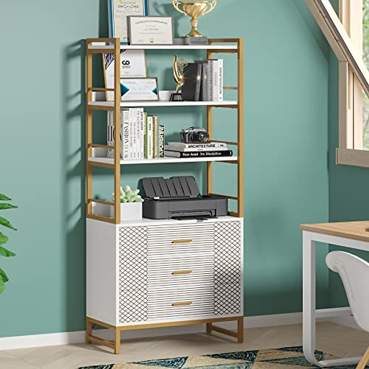 Tribesigns 3-Drawer Bookshelf Tall Ladder Shelf Bookcase with Storage, Modern Book Cases and Book Shelves 4 Shelf Organizer, Metal Wood Book Shelving Unit for Bedroom, Office, White & Gold