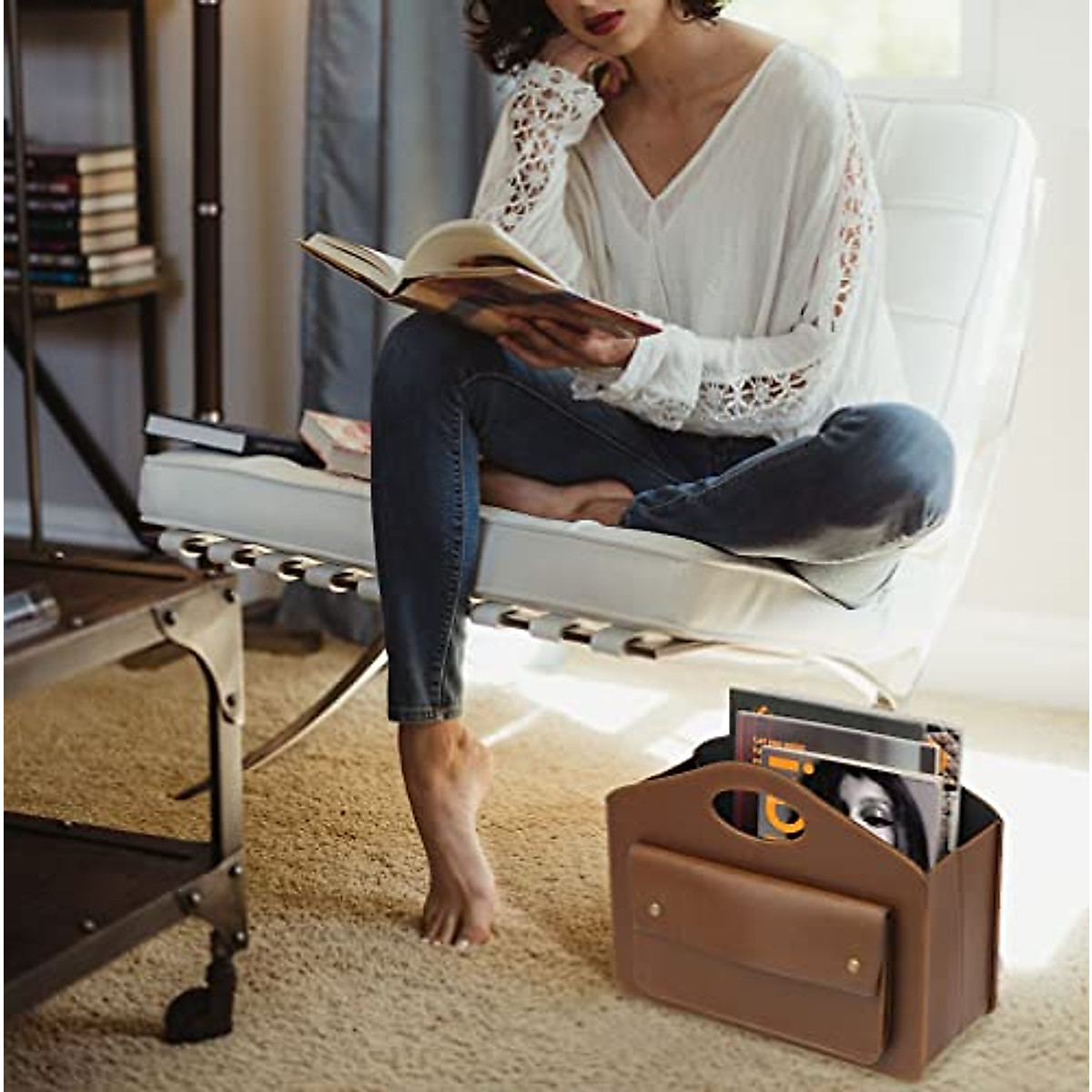 HofferRuffer Magazine Basket Holder, Foldable Magazine Rack, Document File Holder Organizer, File Folder, Newspaper Storage Bin Organizer for Home or Office (Brown)