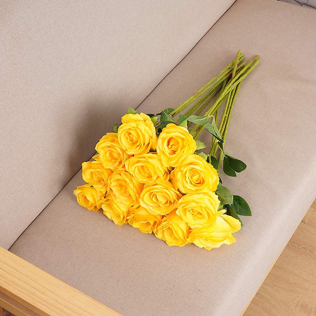 Plobach 12PCS Rose Artificial Flowers Silk Roses Single Long Stem Fake Rose Flower Bouquet Realistic Touch Blossom Arrangement for Wedding Bridal Shower Home Garden Décor (Red-Box)