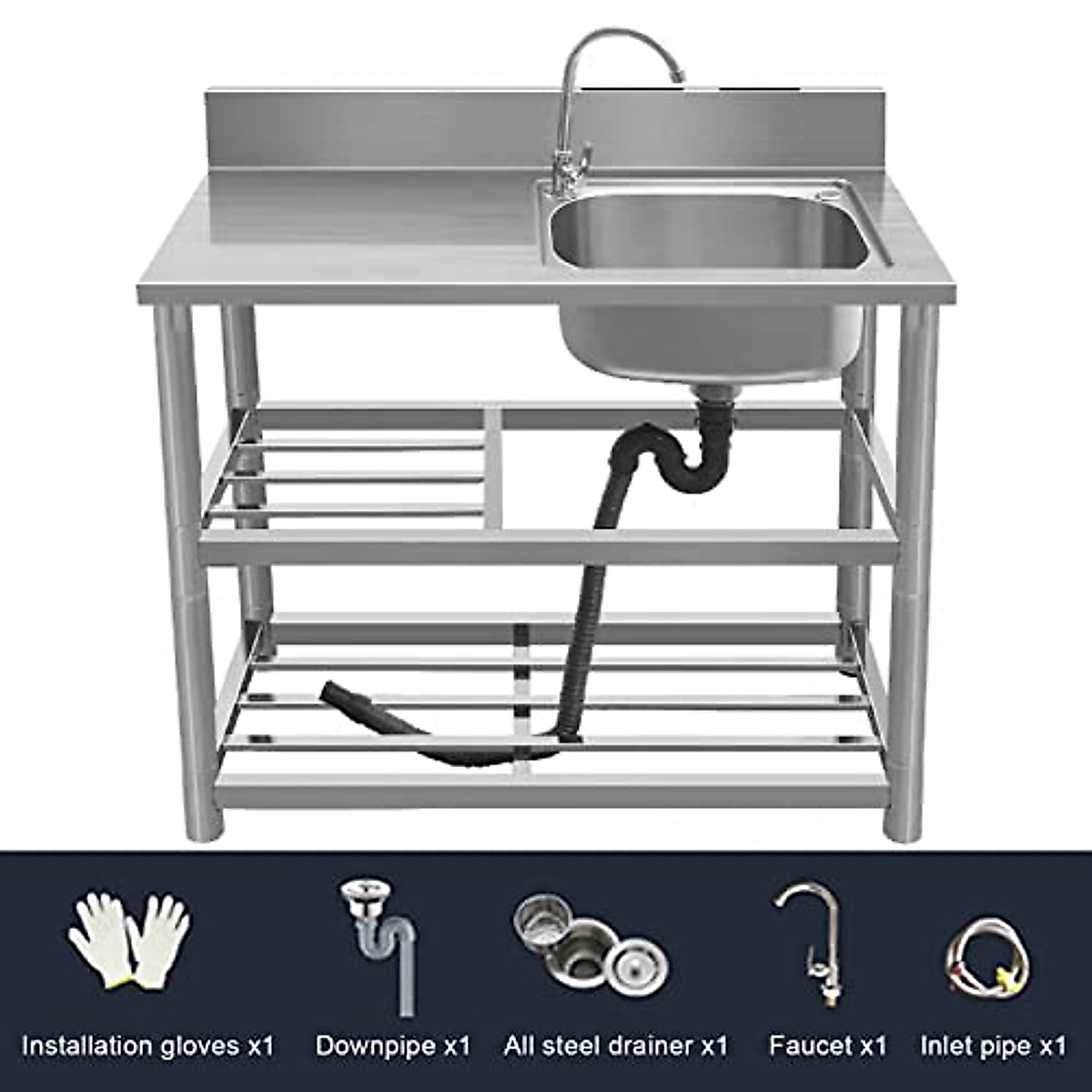 Commercial Sink Single Bowl Utility Sink Stainless Steel Freestanding Sink with Workbench and Storage Shelves with Drainer Unit and Tap for Kitchen Restaurant Farmhouse Laundry. (Color : Cold alone R