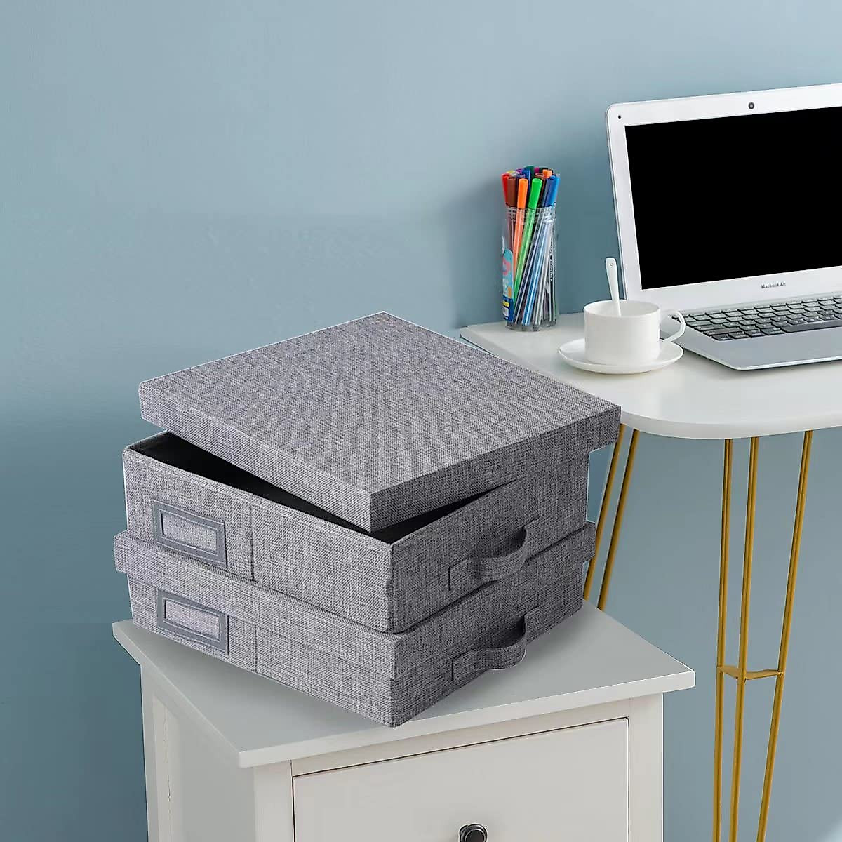 Juephe Linen Scrapbook Storage Box Photo Storage Box,Document Letter Box, Photo Boxes Cases, Organizer Box Storage Containers 15 '' x 13 '' x 4 ''，Gray (2)