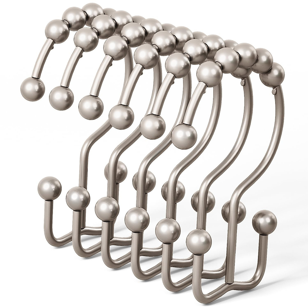 DAWNER Shower Curtain Hooks, Rust Proof Metal Easy Glide Double Rings, Stainless Steel Hangers for Bathroom Curtains, Set of 12, Brushed Nickel