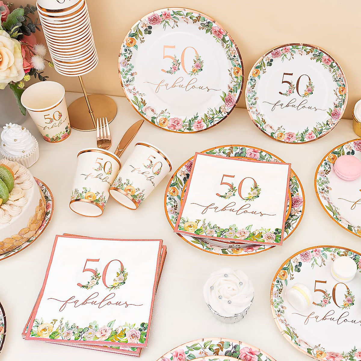 Crisky 50th Birthday Napkins and Plates for Women Rose Gold Floral Party Decoration, 50 and Fabulous Plates and Napkins for Women 50th Birthday.