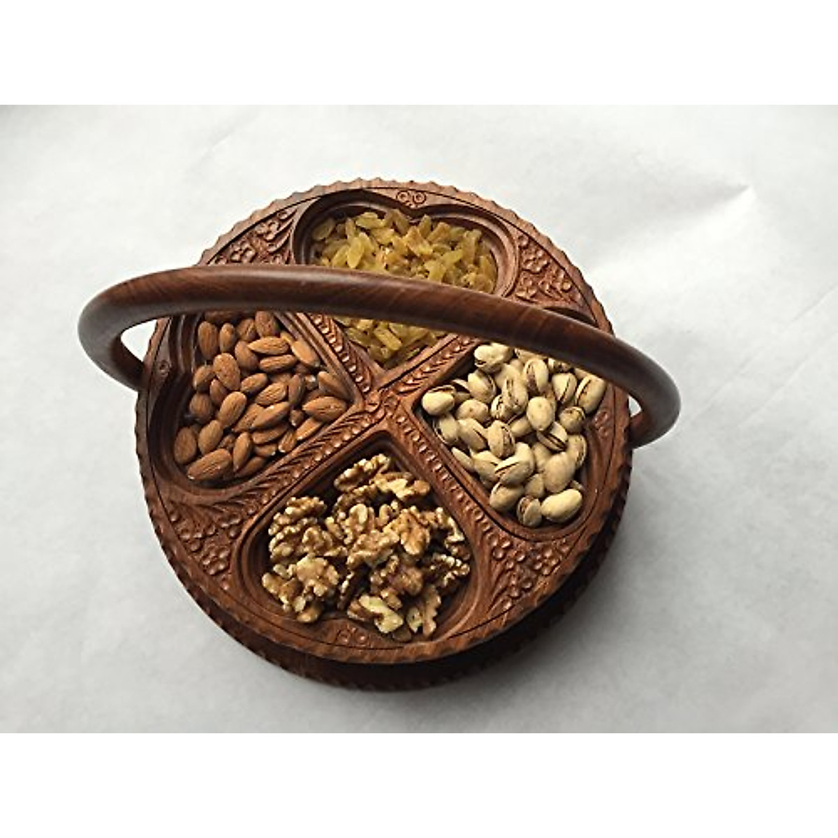 UNIQUE VALENTINE GIFT LOVE Idea Wooden Collapsible Fruit Basket With Handle And Four Heart Shaped Partitions Diameter: 12"