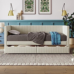 JIVOIT Elegant Upholstered Daybed with Two Storage Drawers, Twin Size Corduroy Daybed with Wood Slat Support and Backrest, Wood Storage Sofa Bed Frame, No Box Spring Needed (Beige 062)