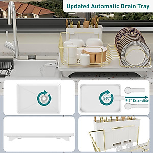 Buruis Dish Drying Rack, Gold Dish Drainer Organizer Includes Removable Drain Board and Utensil Holder, Large Capacity Metal Dish Racks for Kitchen (White)