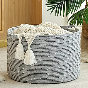 KAKAMAY Large Cotton Rope Blanket Basket (20"x13"),Woven Baby Laundry Hamper，Blanket Basket for Nursery, Laundry, Living Room, Pillows, Toys with Handles （White/Beige/Grey）