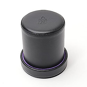 Luck Lab Leather Dice Cup with Lid Including 6 Matching White Pearl and Purple Dice - Purple Velvet Interior for Quiet Shaking - Use for Liars Dice Farkle Yahtzee Board Games, Black
