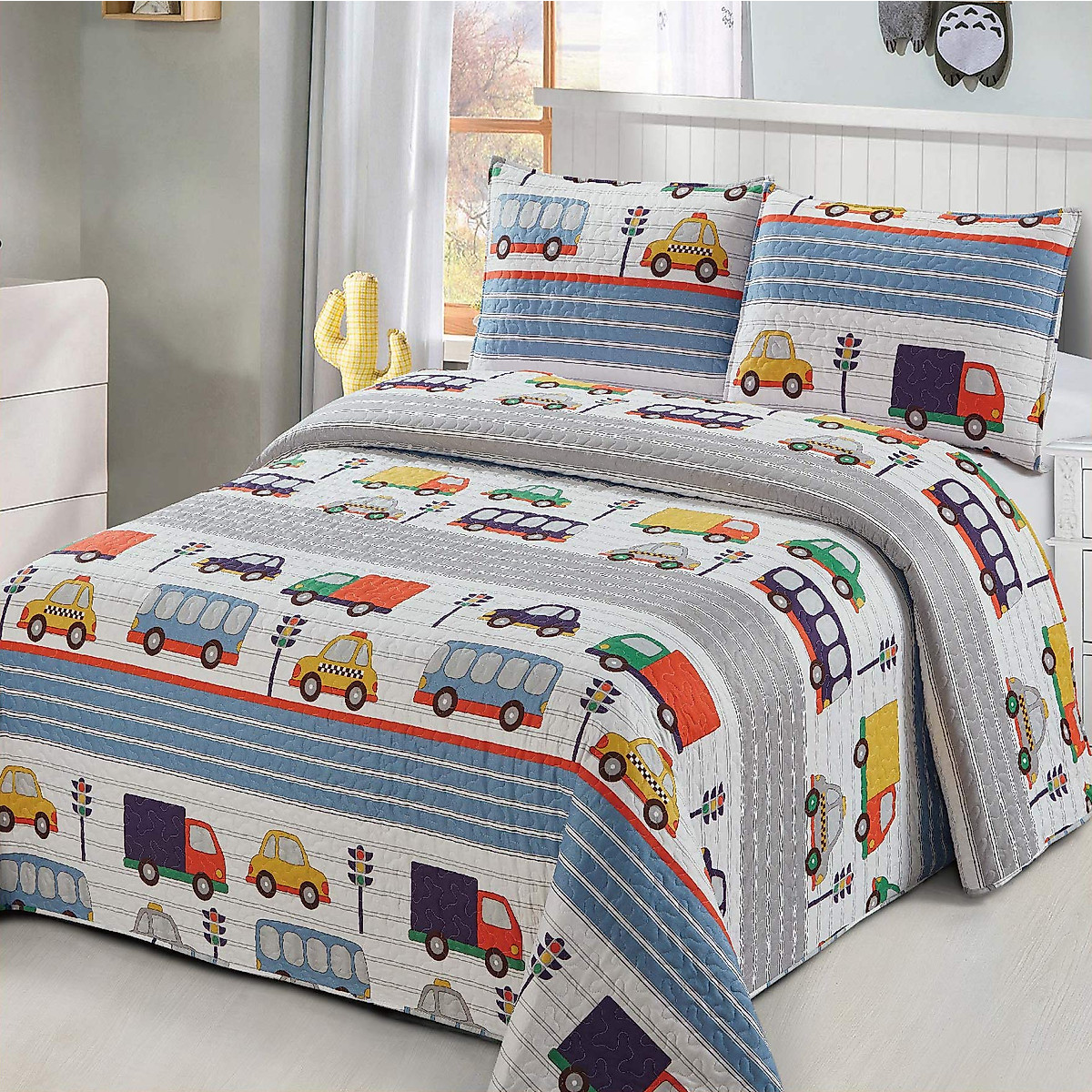 3pc Full/Queen Size Quilt Bedspread Kids/Teens Boys Transportaions Cars Trucks Bus Traffic