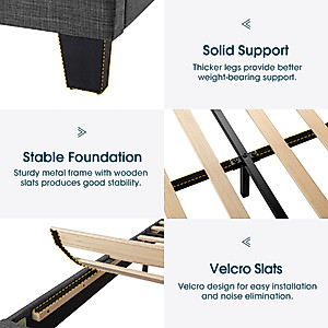 WEEWAY King Size Wingback Upholstered Platform Bed Frame with Box-tufted Stitched Headboard and Wooden Slats/No Box Spring Needed/Easy Assembly, Dark Grey