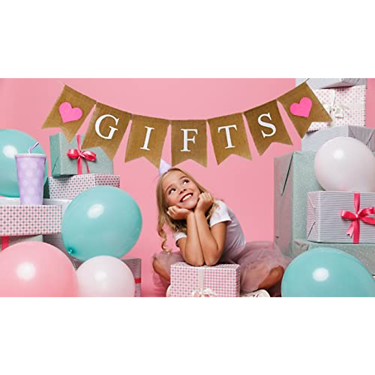 Shimmer Anna Shine Gifts Burlap Banner for Birthday Party Baby Shower Bridal Shower Baptism and Wedding Decorations with Pink Hearts