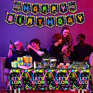 Neon Party Supplies,142Pcs Let Glow Party Decorations Including Disposable Paper Plates,Cups,Tablecloths, Glow in the Dark Theme Decoration for Birthday Baby Shower Party