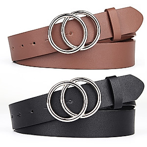 UnFader Pack 2 Women Belts for Jeans with Fashion Sliver Double O-Ring Buckle and Faux Leather