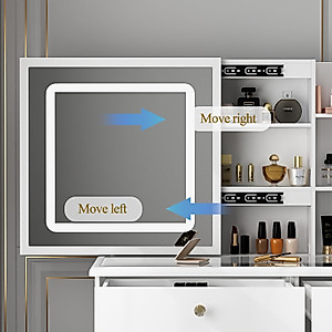 ROMSHINE Vanity Desk with Mirror and Lights, Makeup Vanity Desk with Sliding Mirror, Glass Desk-Top and Lights in 3 Colors Modes, White Vanity Table and Chair Set with 5 Drawers, Glass Top