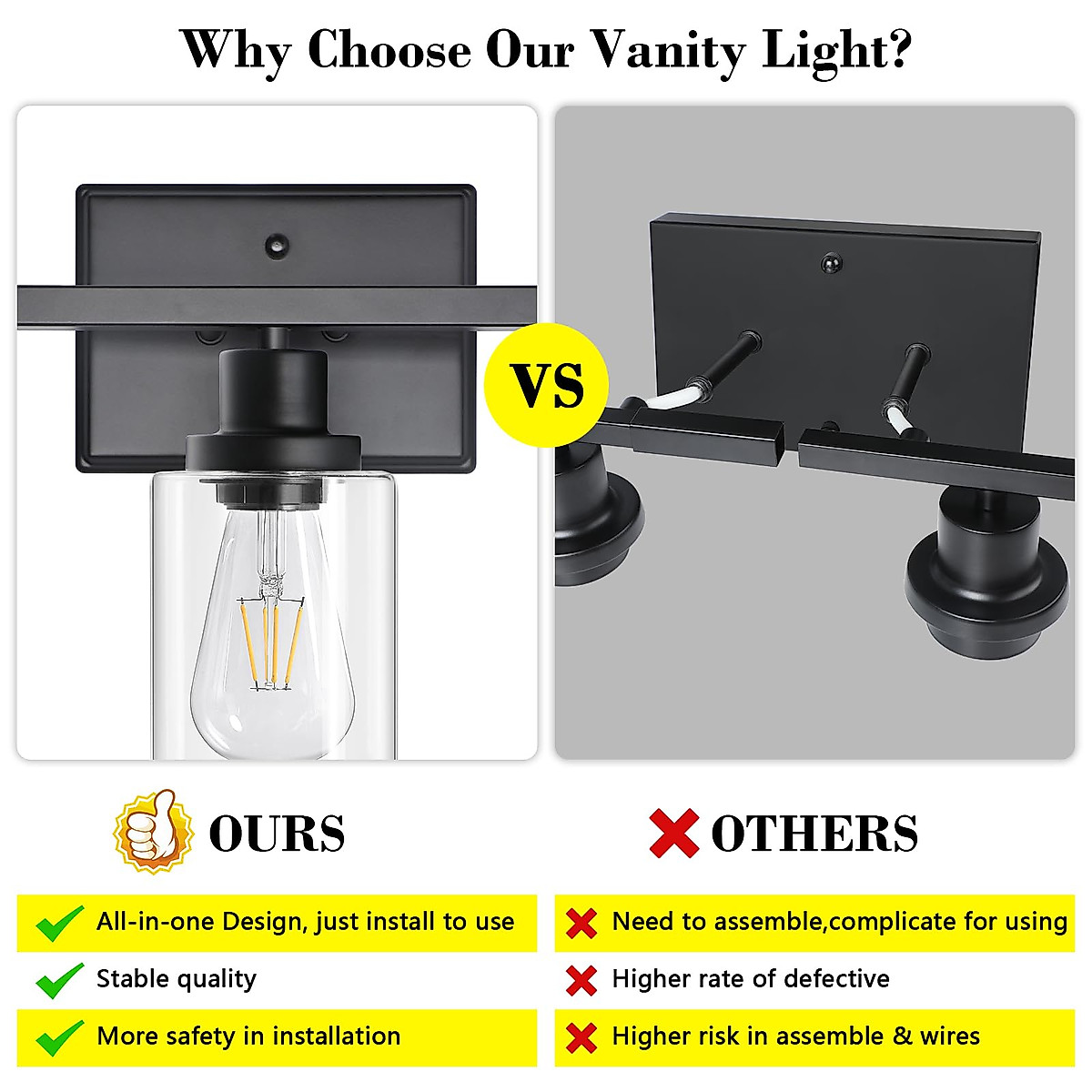 Ascher Bathroom Vanity Light Fixtures, 3 Light Wall Sconces Lighting with Clear Glass Shade, Black Wall Lights for Mirror, Kitchen, Living Room, Gallery, Hallway, E26 Base (Bulbs Not Included)