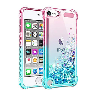 iPod Touch 7 Case, iPod Touch 6/Touch 5 Case with HD Screen Protector for Girls Women, Gritup Cute Clear Gradient Glitter Liquid TPU Slim Phone Case for Apple iPod Touch 7th/ 6th/ 5th Pink/Teal