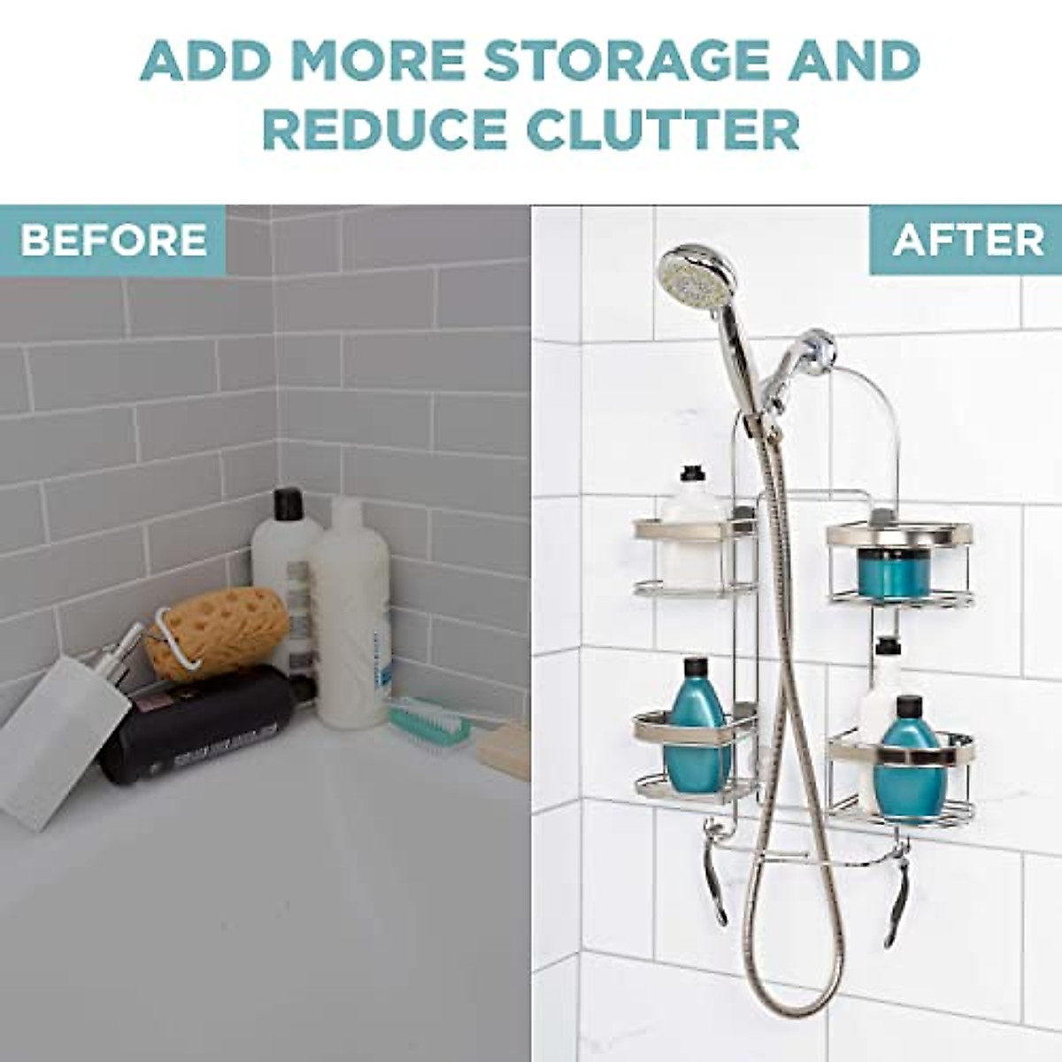 Zenna Home Hanging Shower Caddy, Over the Shower Head Bathroom Storage, Stainless Steel, For Handheld Shower Hoses, Rust Resistant, No Drilling, Expandable Organizer, 4 Baskets, Razor Holders, Hooks