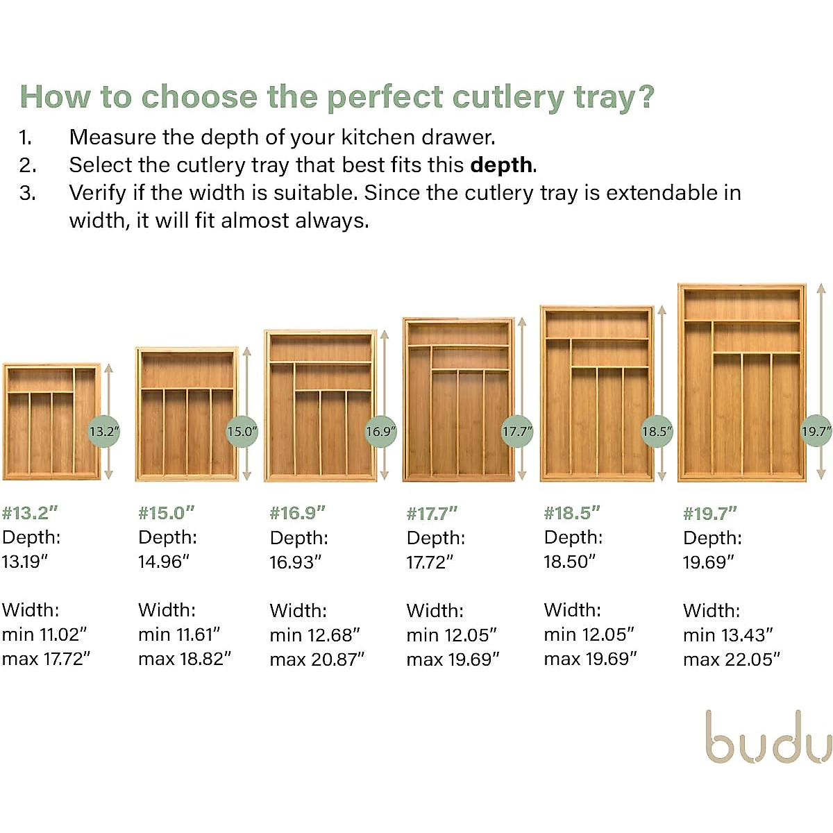 budu Silverware Drawer Organizer #19.7" Depth – Utensil Holder, Kitchen Drawer Organizers for Flatware, Cutlery – Perfect Utensil Organizer for Silverware & Other Kitchen Organization Tools & Storage