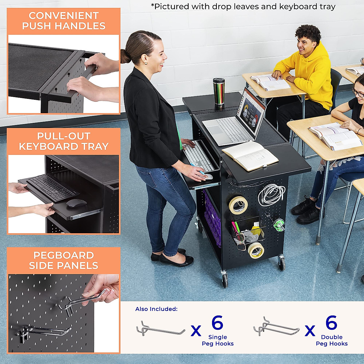 Line Leader Stellar AV Cart | Reimagine Your Teacher Cart with Revolutionary Pegboard Siding & 12 Movable Peg Hooks for Customizable Storage | UL Safety Certified Mobile Workstation with Keyboard Tray