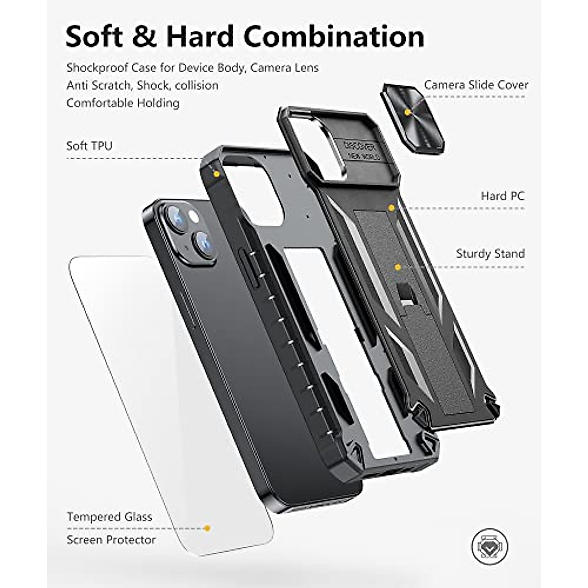 SOiOS for iPhone 13 Mini & 12 Mini Rugged Case: with Kickstand & Slide 13mini 12mini Protective Cell Phone Cover Military Grade Drop Protection Durable Tough Hard | Shockproof Textured Bumper- Black
