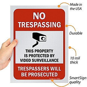 SmartSign (Pack of 5) 12 x 9 inch “No Trespassing - Property Protected By Video Surveillance” Sign, Screen Printed, 10 mil Polystyrene Plastic, Red/Black on White, Made in USA